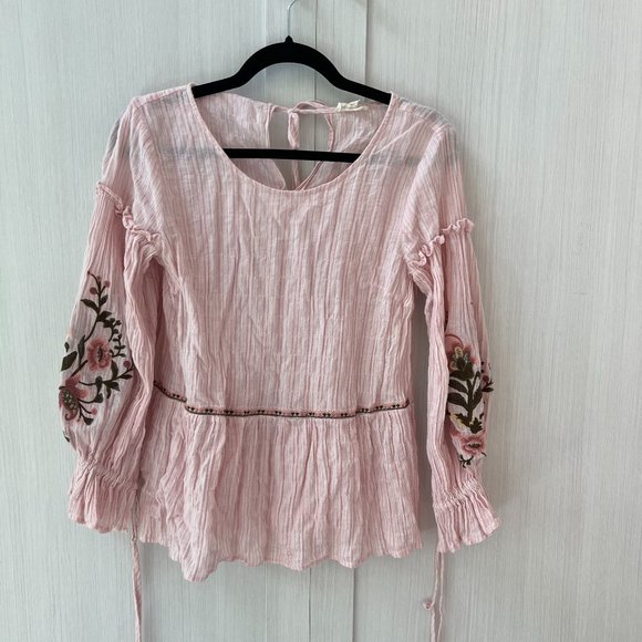 Mystree | Tops | Pink Embroidered Long Sleeve Peasant Blouse | Poshmark